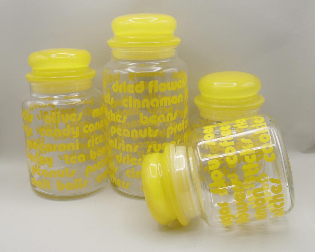 4 Vintage Yellow Glass Canisters With Text, Words, Writing, Apothecary ...