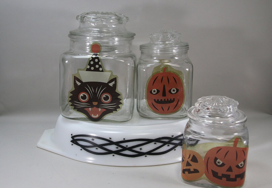 Vintage Halloween Canisters Apothecary Jars With Vinyl Window Clings ...