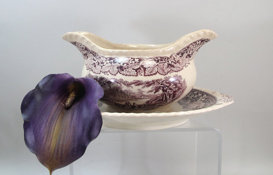 Vintage Mason's Purple Gravy Boat Vista England Amethyst Transferware ...