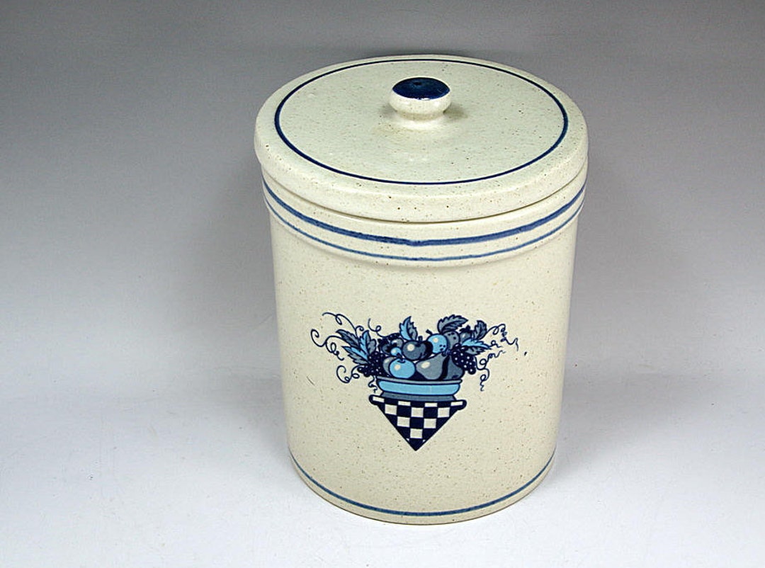 2 Vintage Speckled Canisters Crock Cookie Jar Blue Cream Fruit CAVN New ...