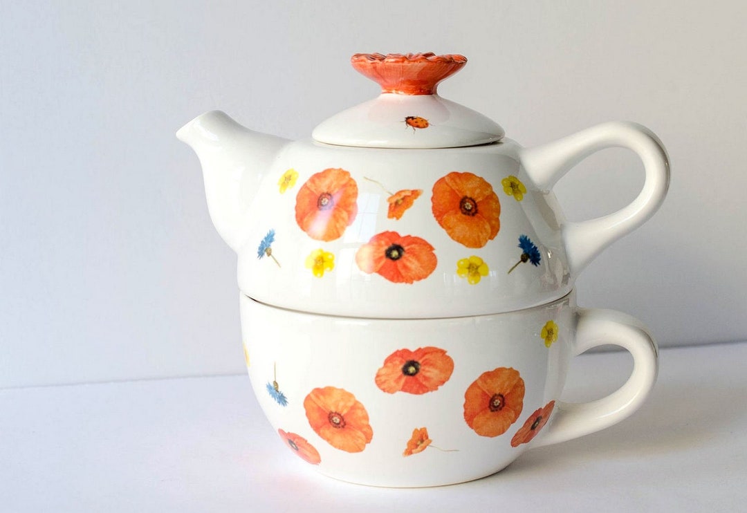 Vintage 3 Pc Teapot & Cup Stacked Marjolein Bastin Poppy Floral Poppies ...