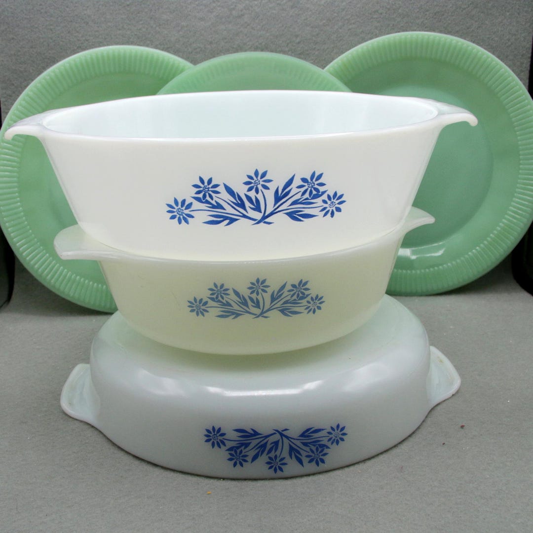 Vintage Fire King Blue Corn Flower Floral 436 Quart, 437 1 1/2 Quart ...