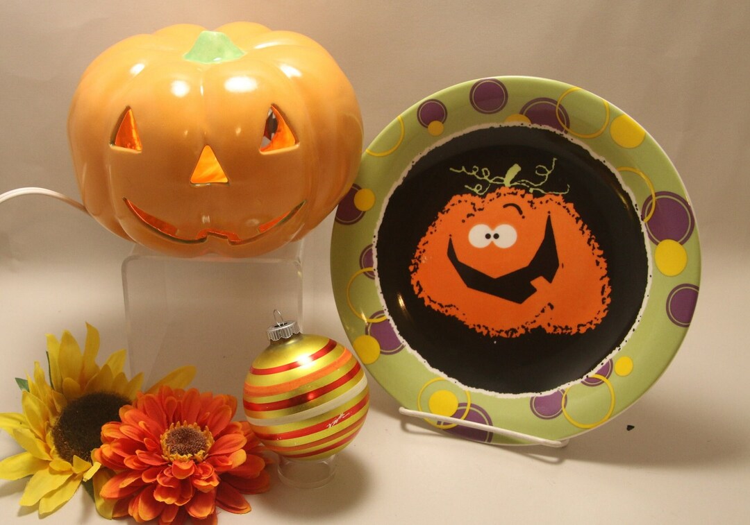 VINTAGE Halloween Striped Shiny Brite Ornament, Electric Jack O Lantern ...
