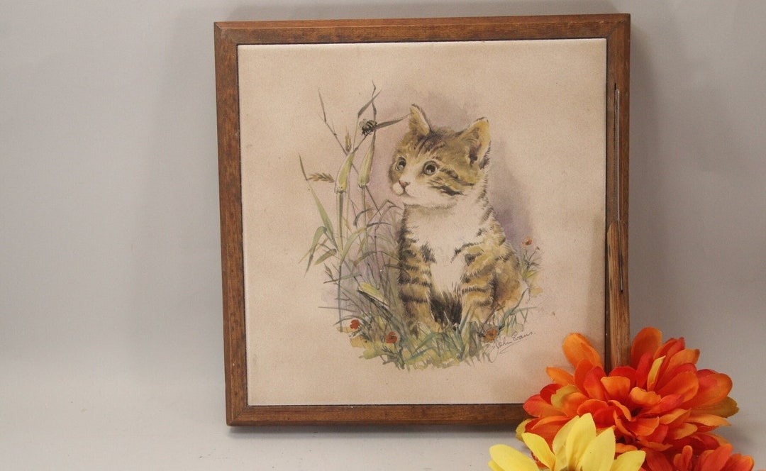 Vintage Tabby Cat Trivet Tile and Wood Frame by John Evans Floral With ...