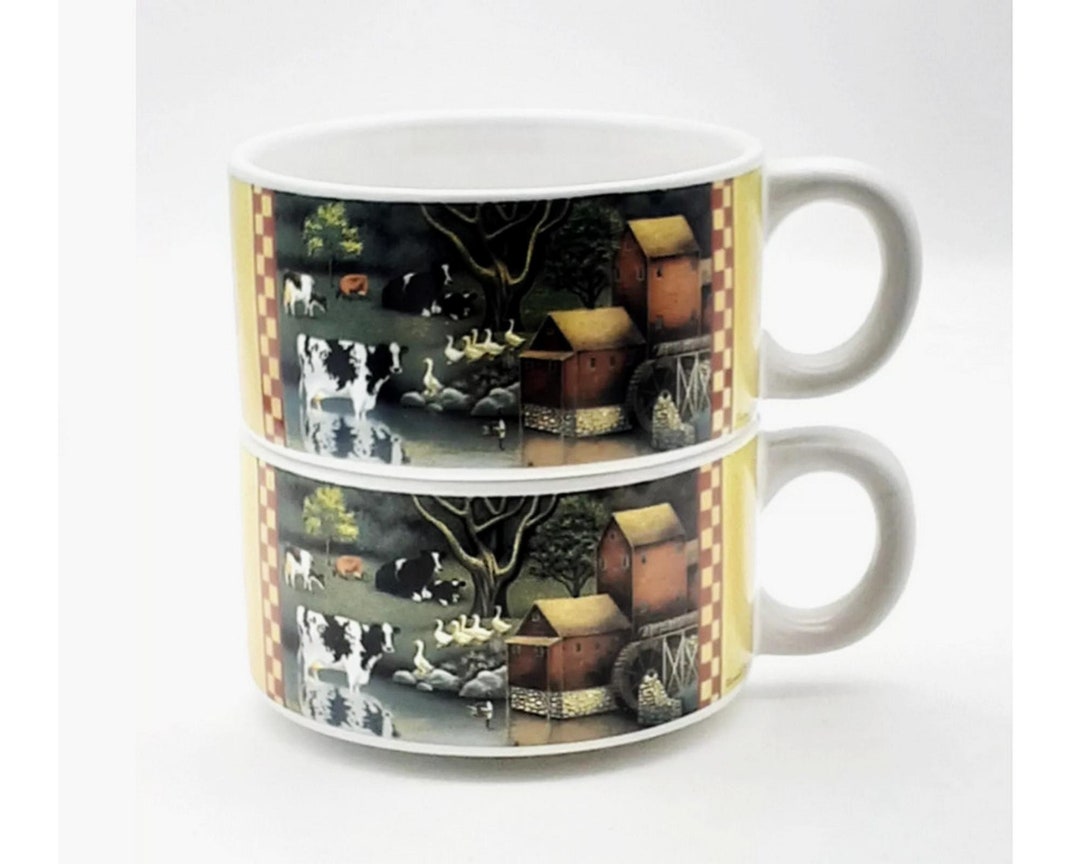 Vintage Farm Animal Soup Mugs Cups Lowell Herrero, Red Barn Yard Water ...