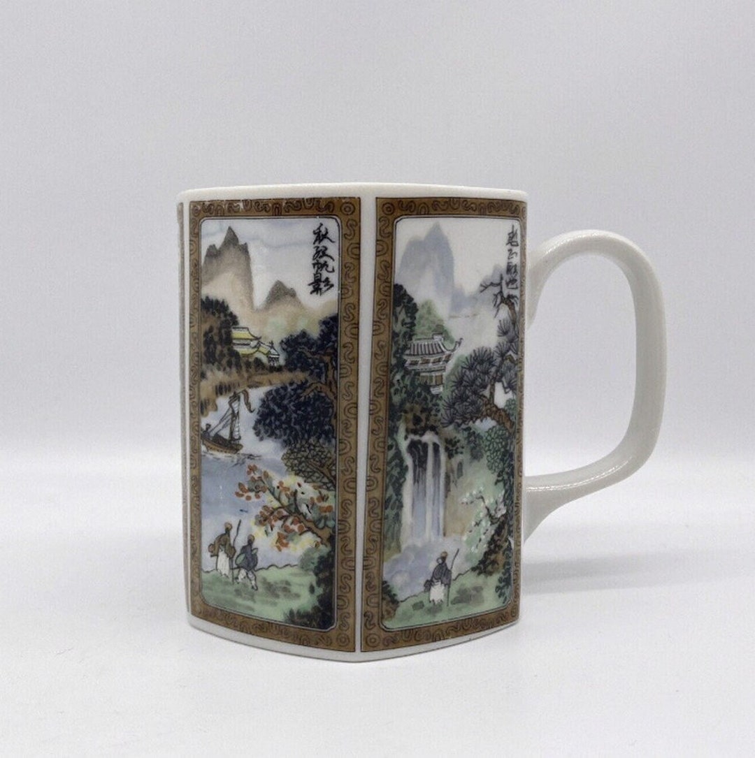 Vintage Japanese, Asian Landscape Mug Cup, Hexagon Panels, Pottery ...