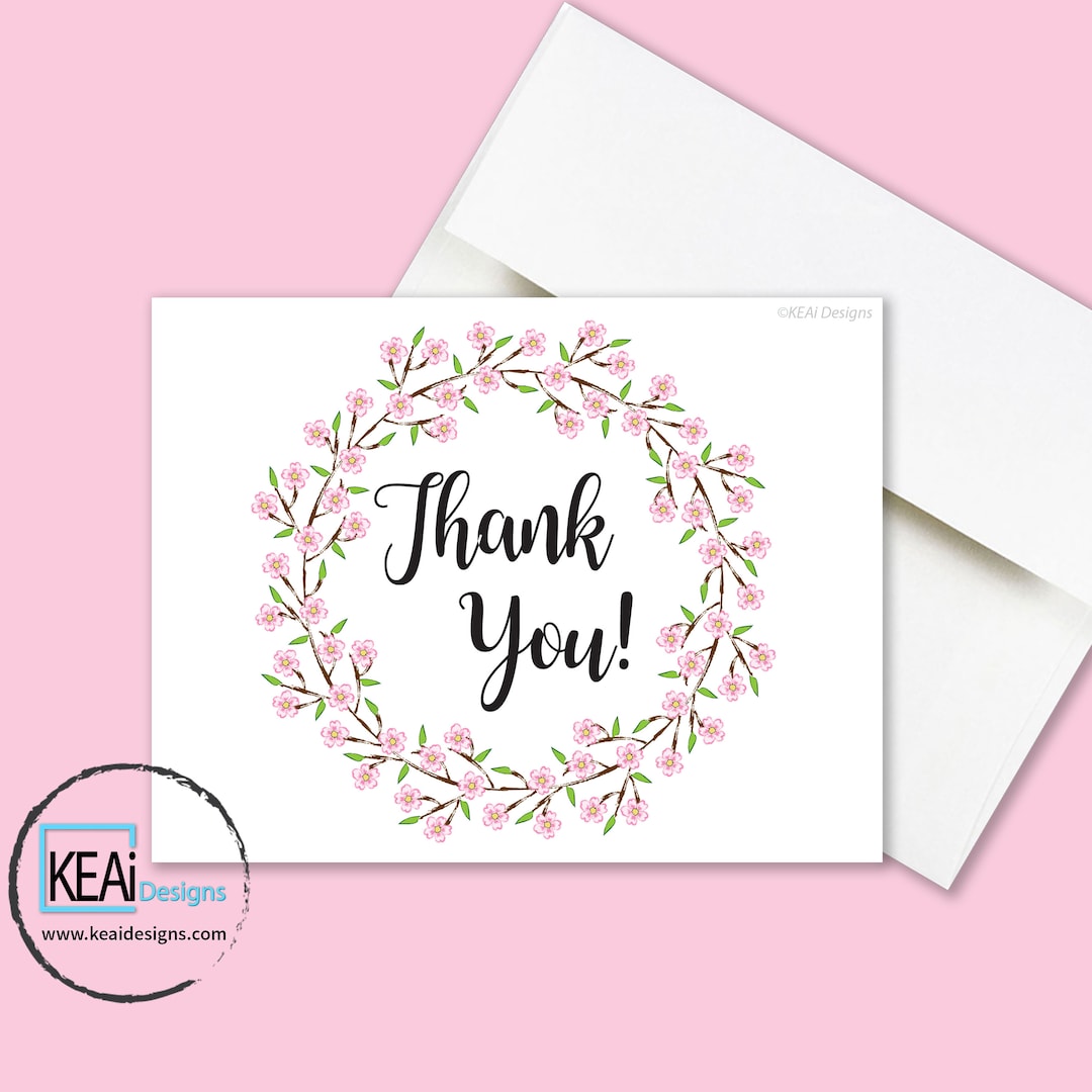 Thank You Card // Flower Wreath Thank You Card // Cherry Blossoms Thank ...