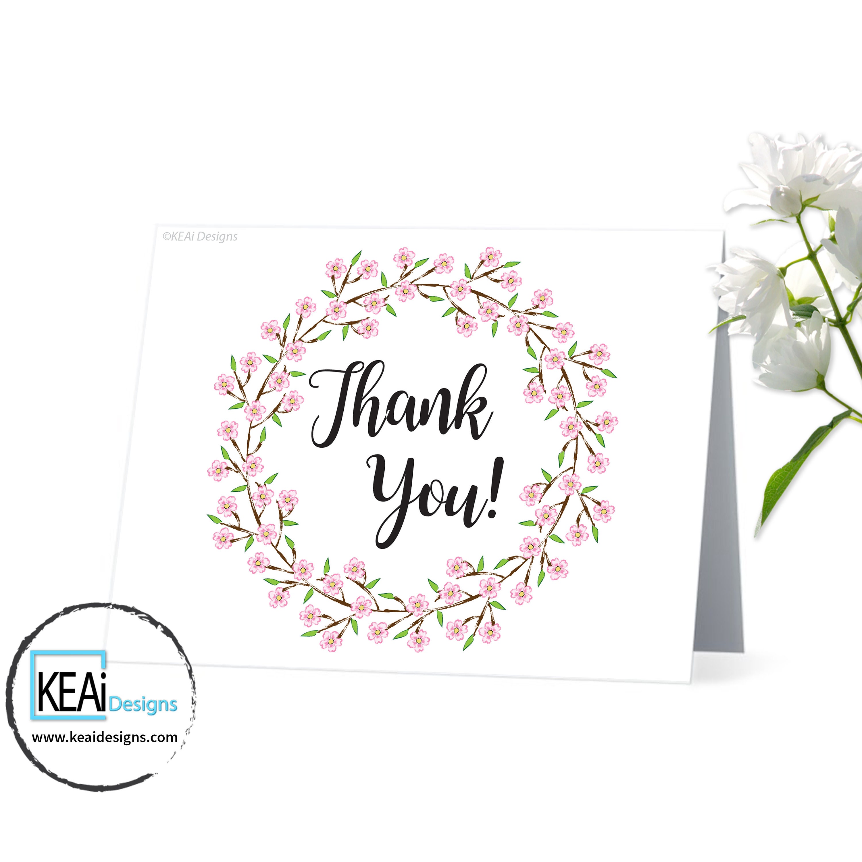 Thank You Card // Flower Wreath Thank You Card // Cherry Blossoms Thank ...