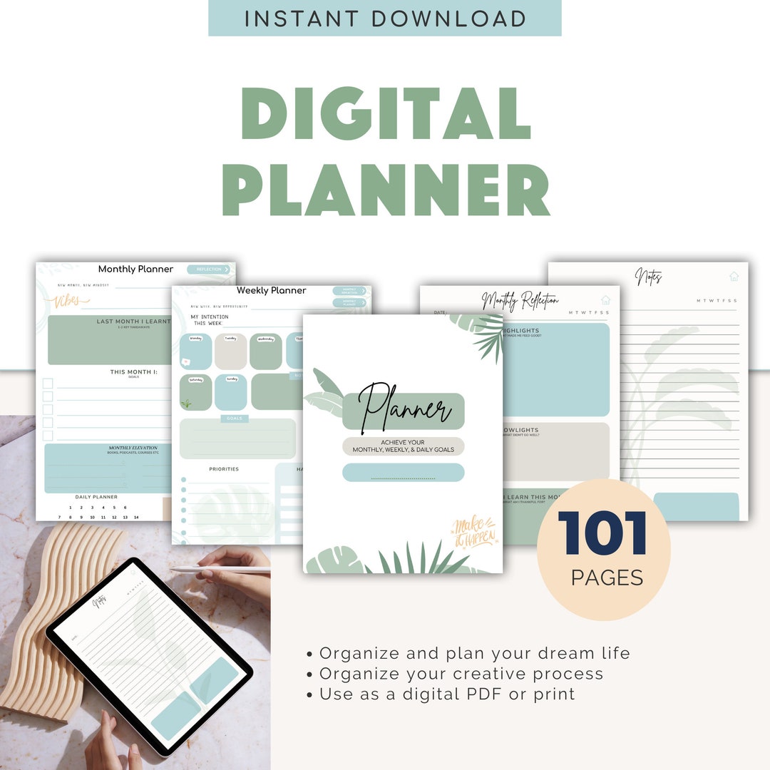 Digital Planner - 101 Page Printable PDF | Monthly, Weekly, Daily With ...