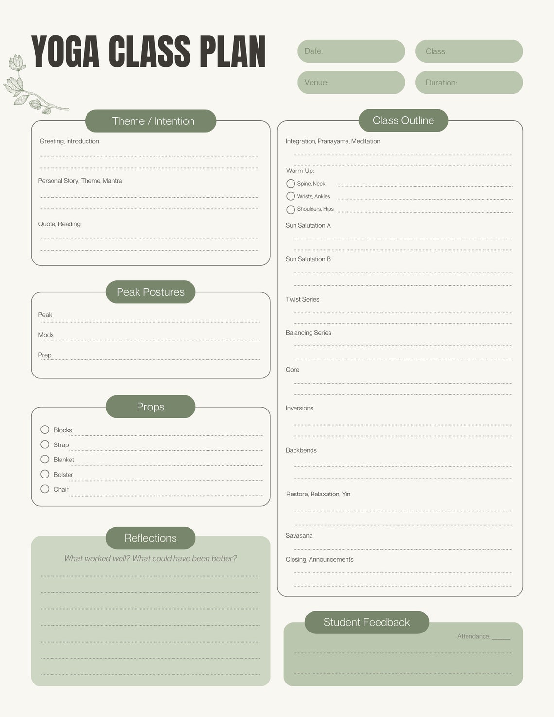 Printable Yoga Class Planner & Journal (PDF Download) - Etsy