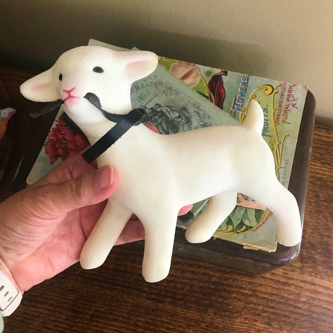 Vintage Flocked Lamb Figurine: Fuzzy White Sheep With Collar Leash ...