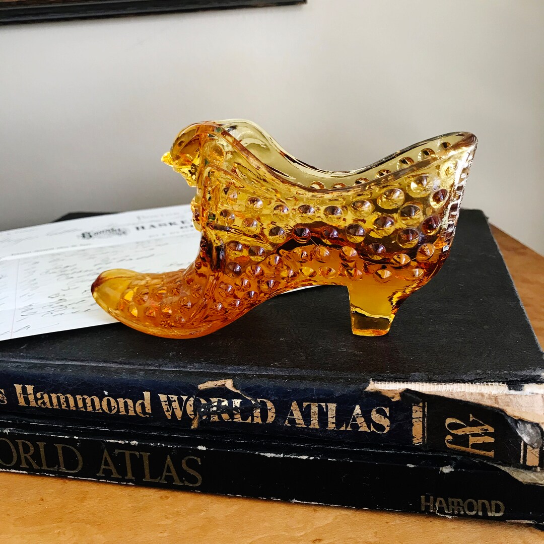 Vintage Fenton Amber Glass Hobnail Shoe Cat Head Art Glass Etsy