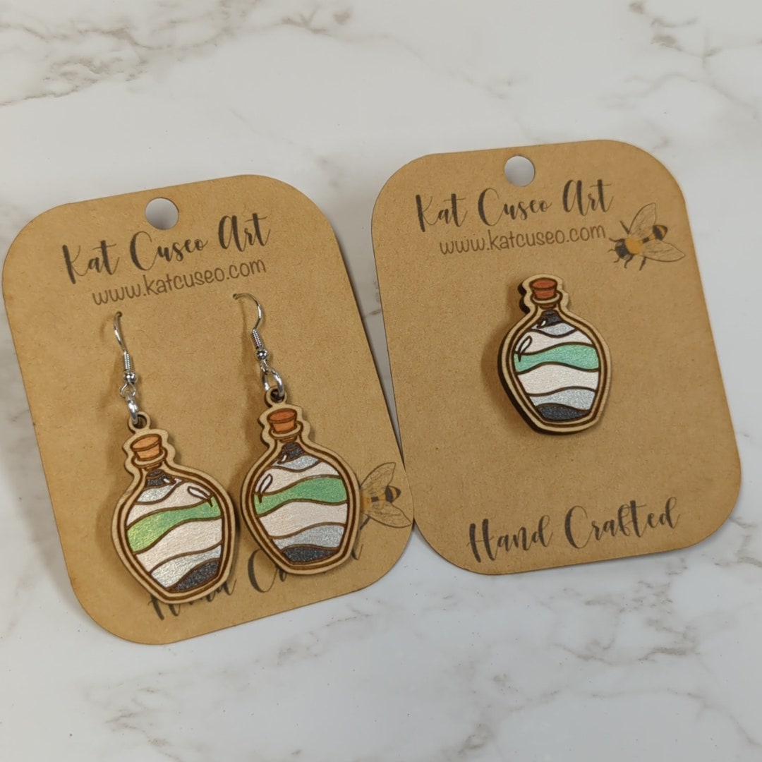 Laser Cut Wooden AGENDER Pride Potion Bottle Earrings and Pin - Etsy
