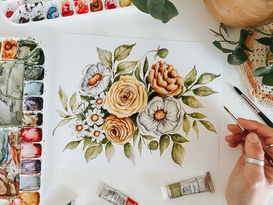 Yellow and White Floral Bouquet Print, Flower Botanical Illustrationt ...
