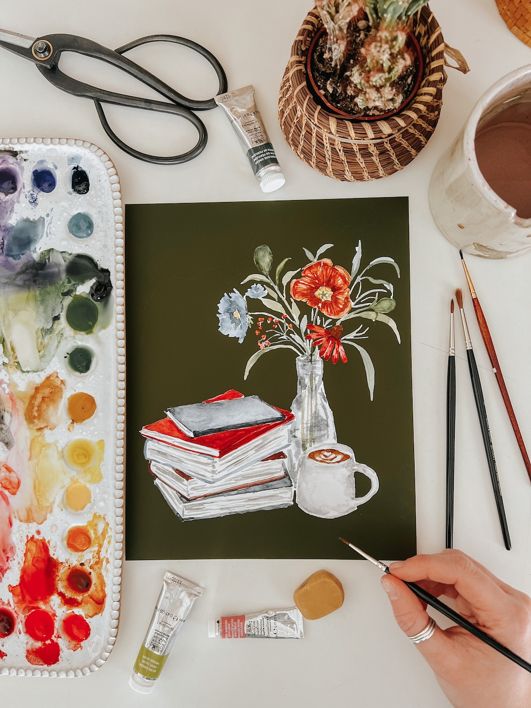 Books Flowers Coffee Watercolor Art Print, Bookish Illustration ...