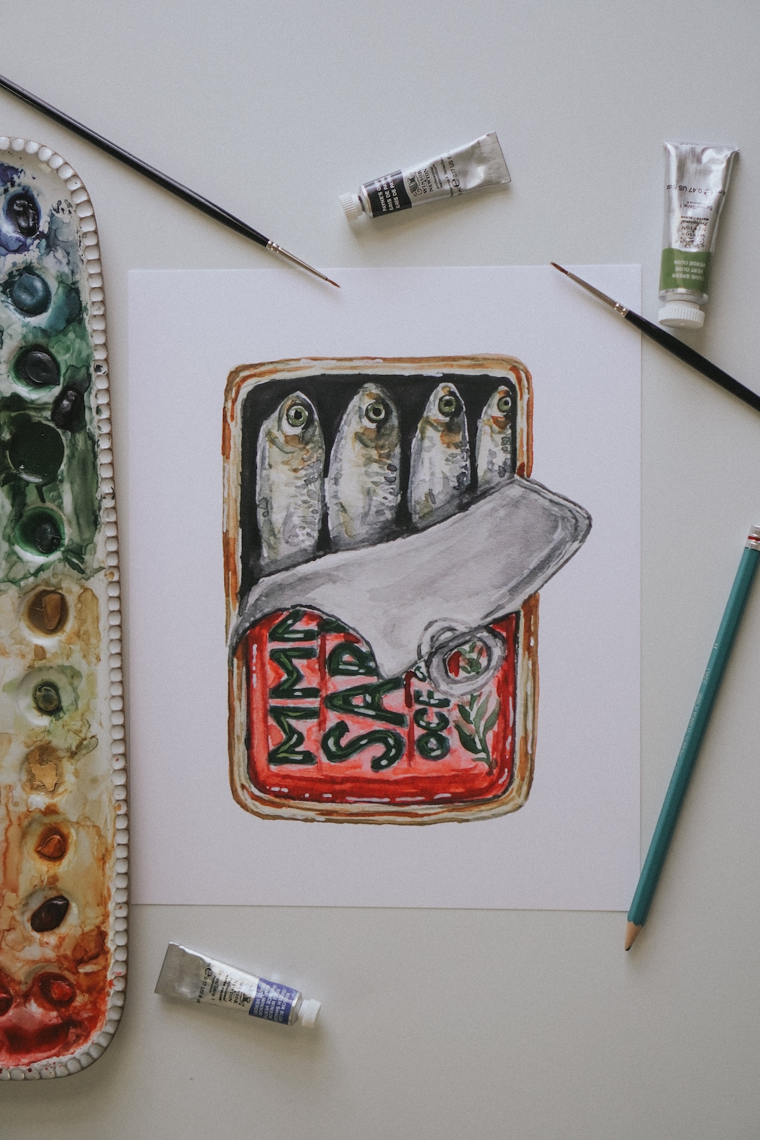 Sardine Tinned Fish Art Print, Sardine Can, Tinned Fish Watercolor ...