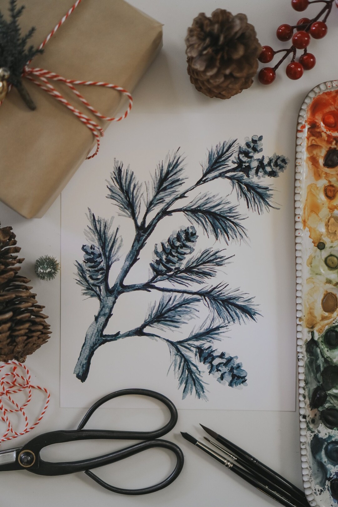 Blue Pine Branch Art Print, Pine Branch Watercolor, Winter Pines ...