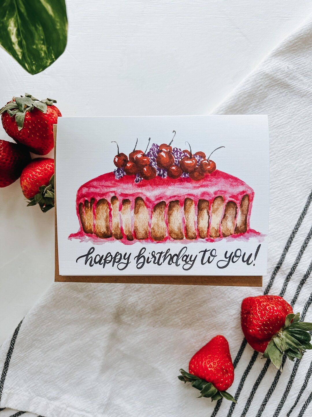 Cherry Cake Birthday Greeting Card, Birthday Greeting Card, Pink ...