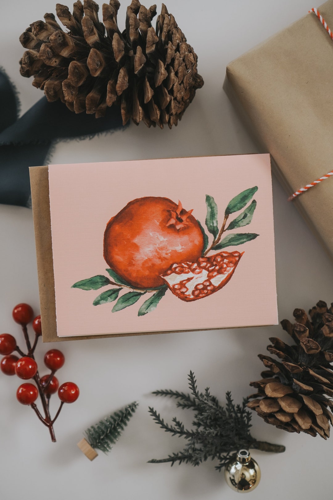 Pink Pomegranate Card, Holiday Card, Christmas Card, Pomegranate ...