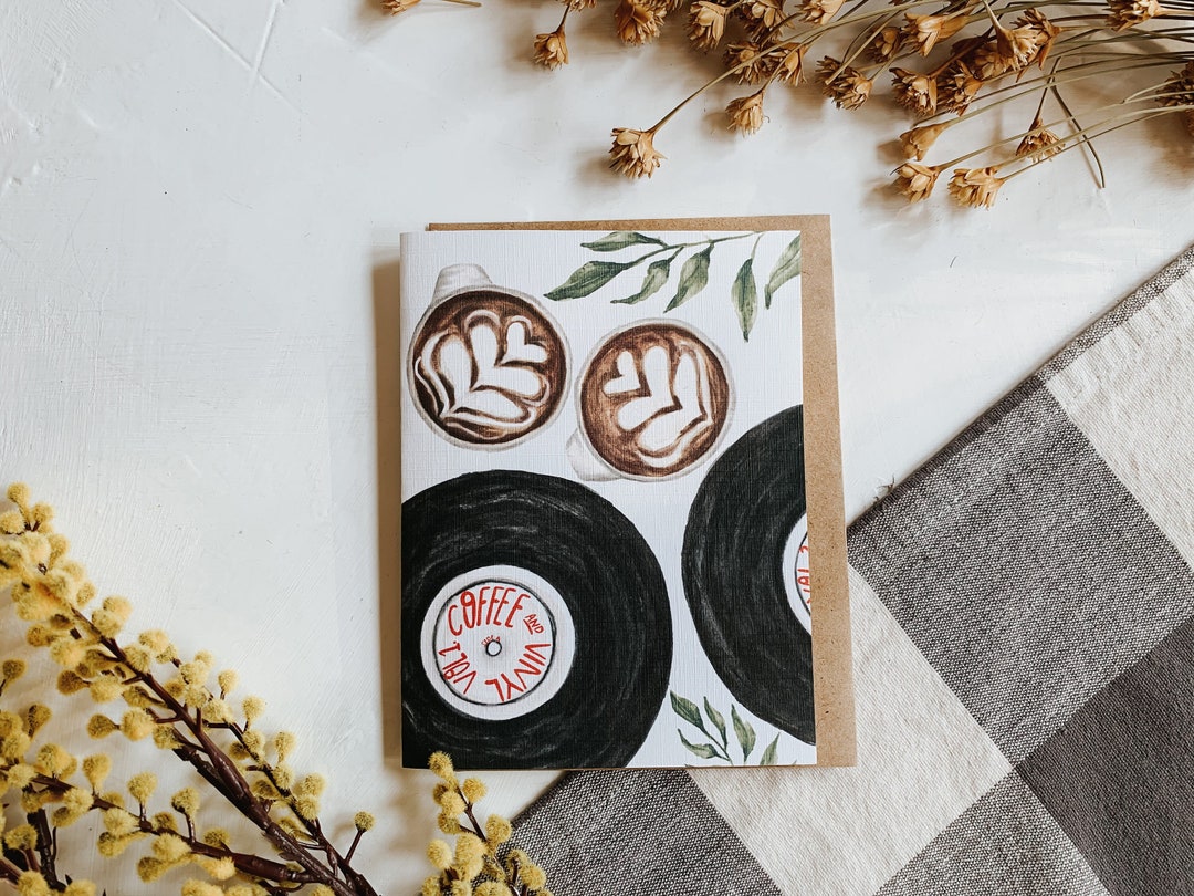 Coffee and Vinyl Record Greeting Card, Latte Art Card, Vinyl Record ...