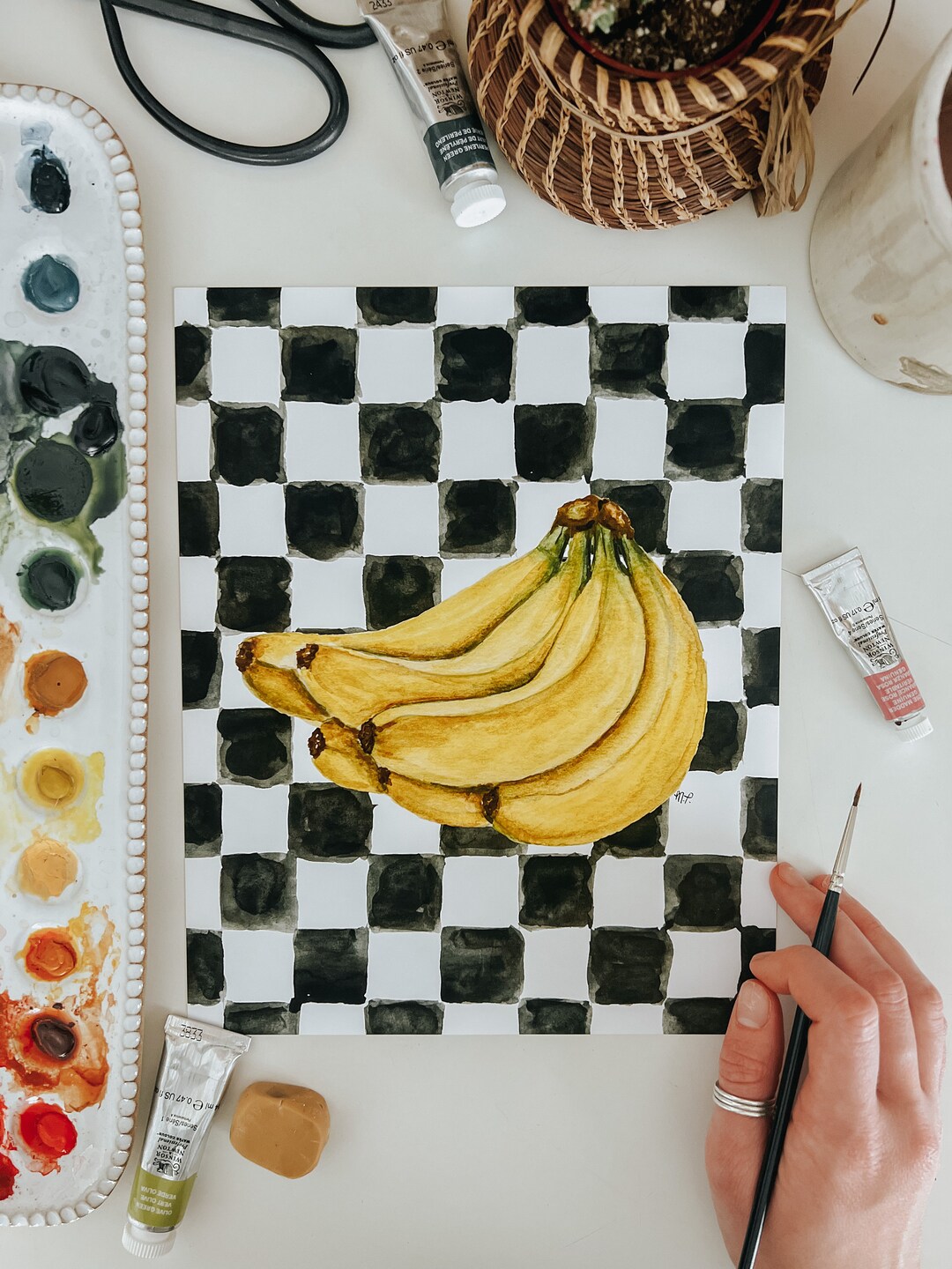 Checkerboard Banana Watercolor Art Print, Banana Illustration, Fruit ...