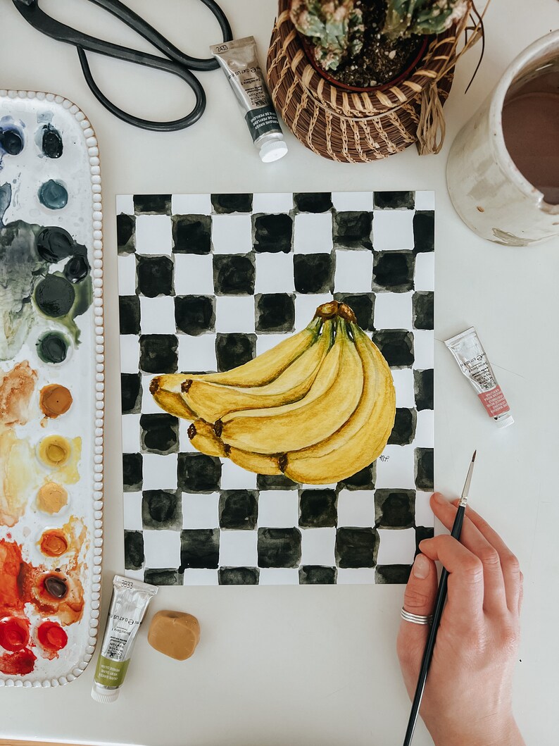Checkerboard Banana Watercolor Art Print, Banana Illustration, Fruit ...