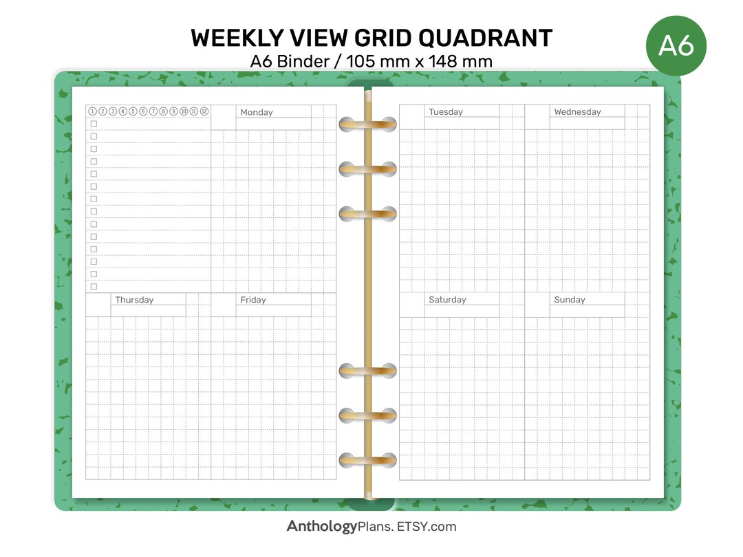 A6 WEEKLY VIEW Quadrant Grid Printable Planner Insert for Ring Planner ...