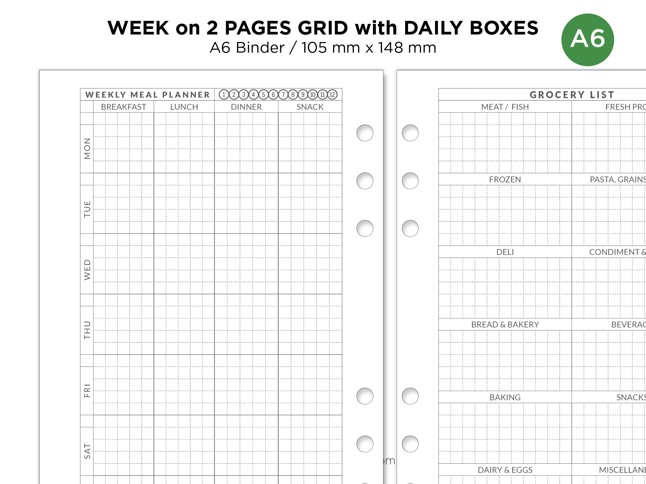Weekly MENU GRID With Grocery List A6 Printable Planner Insert Ring ...