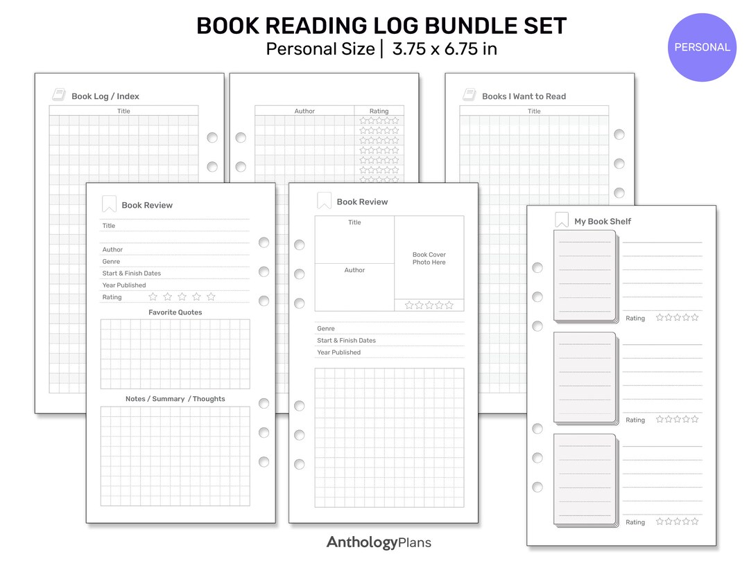 Book Reading LOG Set - BOOK REVIEW Printable Insert for Personal Size ...
