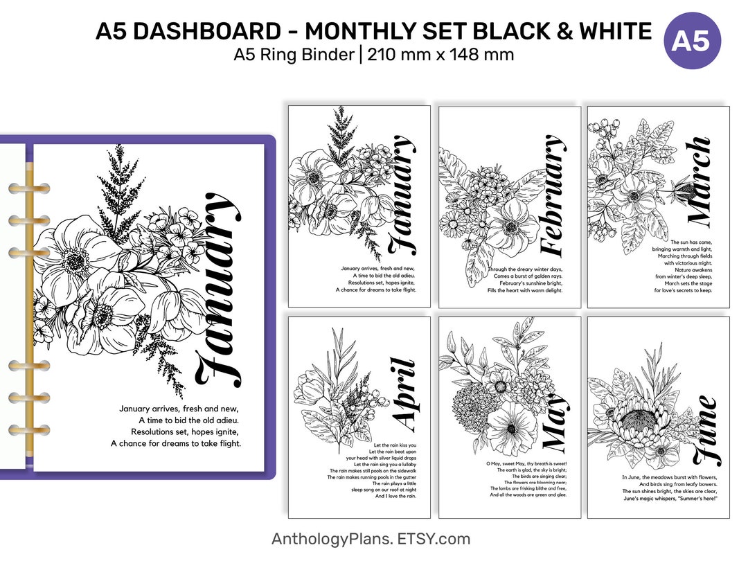 A5 MONTHLY Planner DASHBOARD Printable Black and White Aesthetic the ...