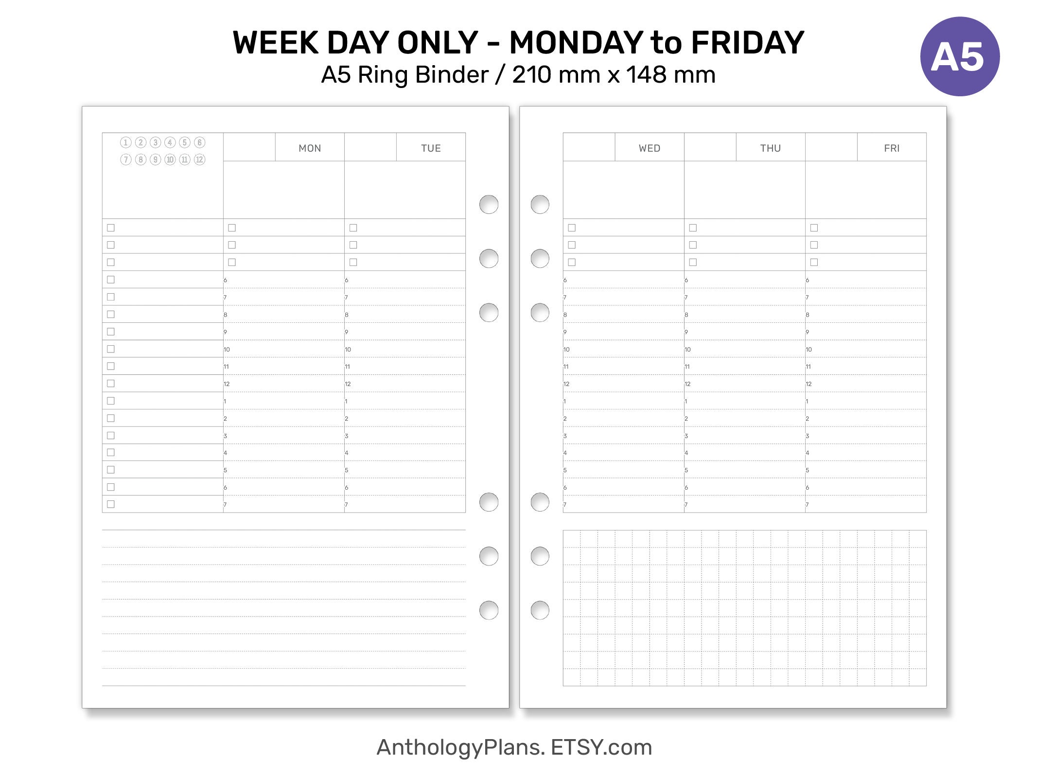 A5 Weekdays ONLY Weekly Work or School Printable Planner Insert Lined ...