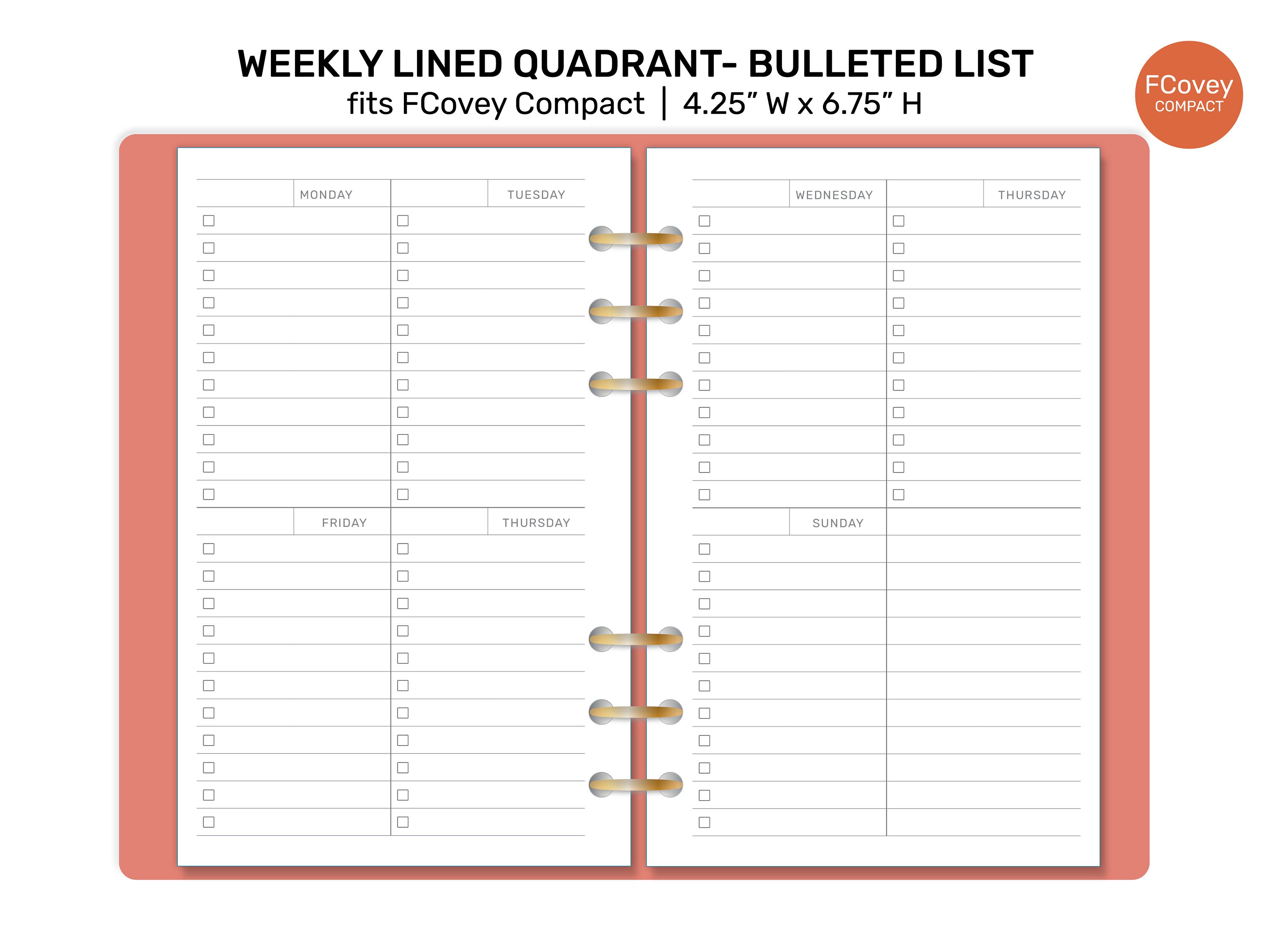 WEEKLY View FC Compact Quadrant Printable Planner Insert Lined Wo2p ...