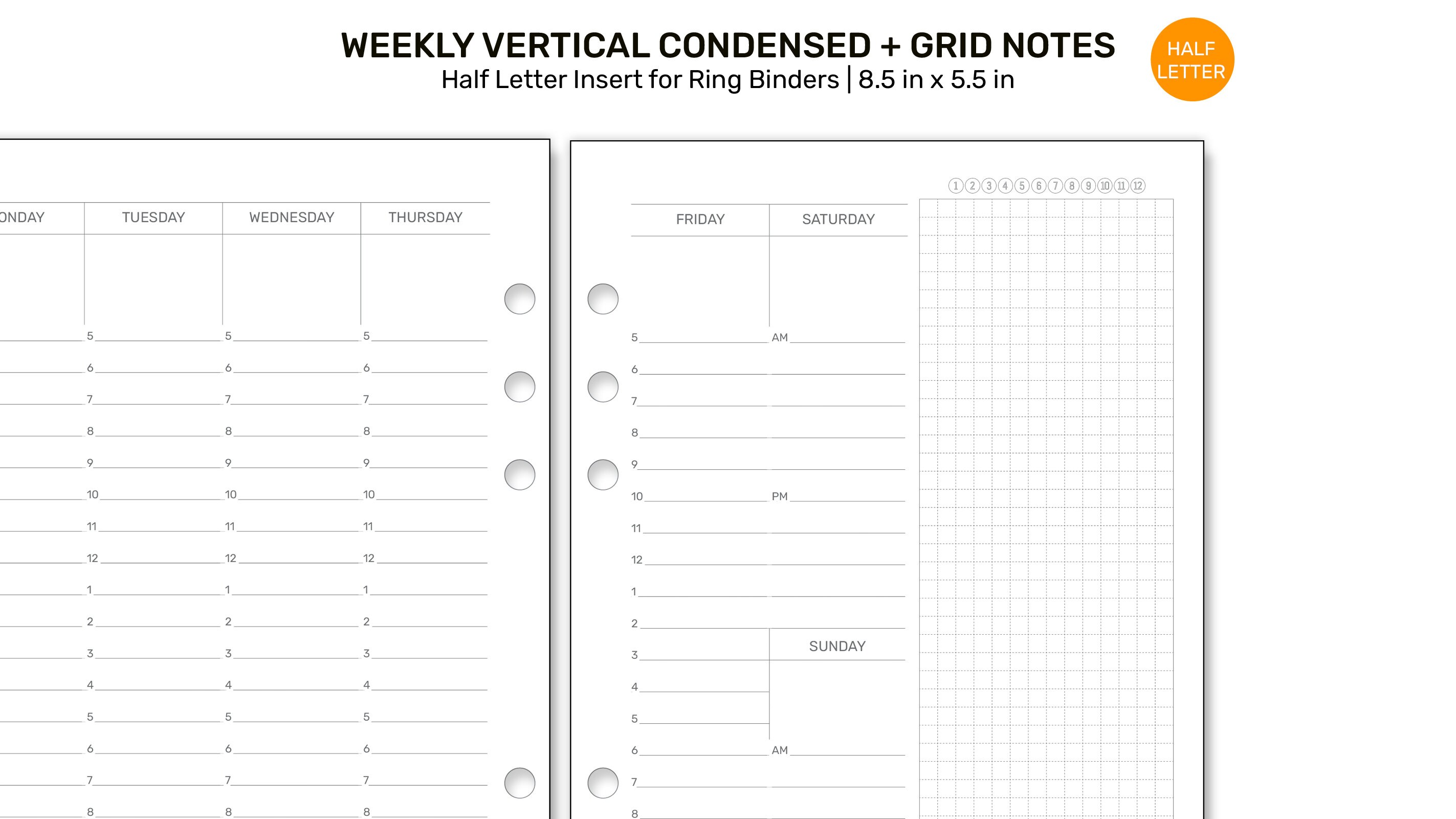 Half Letter WEEKLY VERTICAL Timestamp Condensed Weekend W/ Grid Notes ...