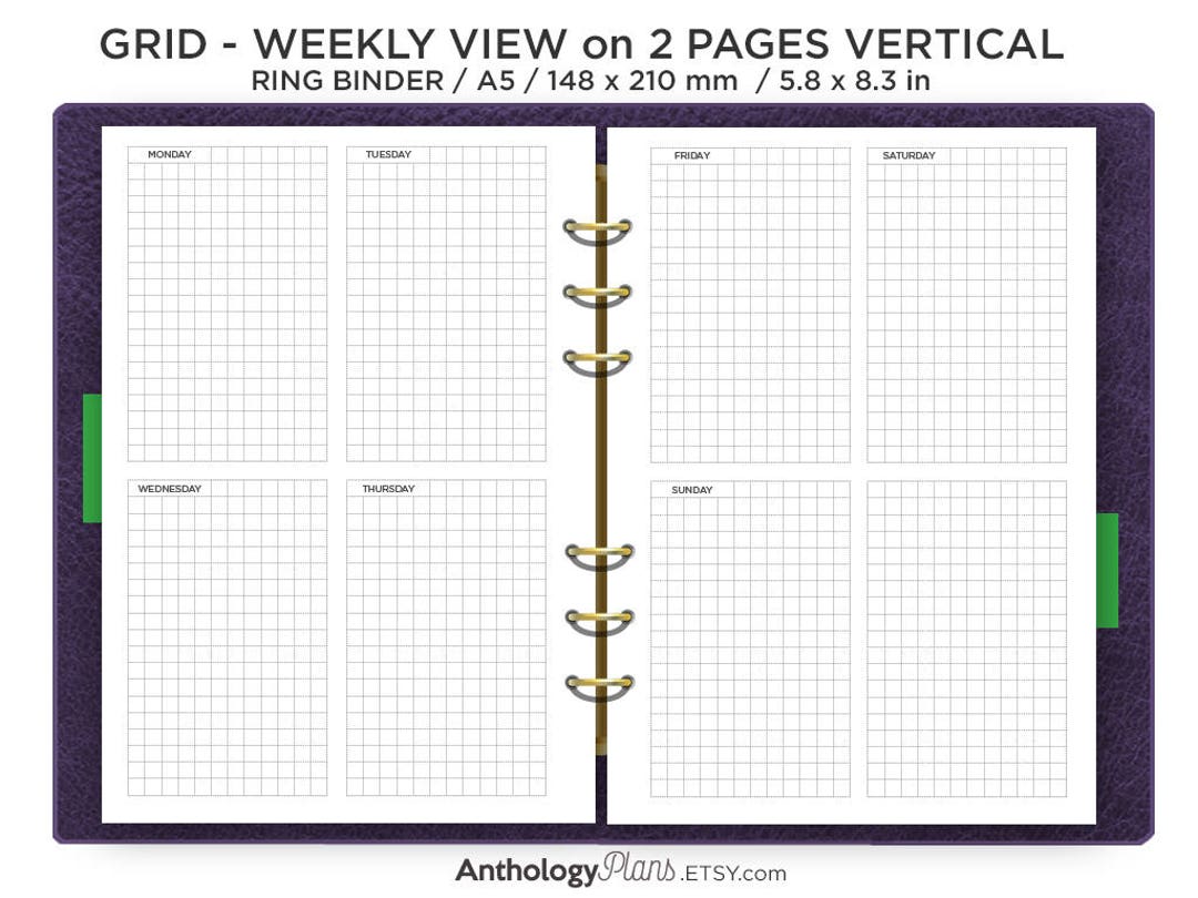 A5 Grid Week on 2 Pages, VERTICAL Planner Insert Refill Undated - WO2P ...