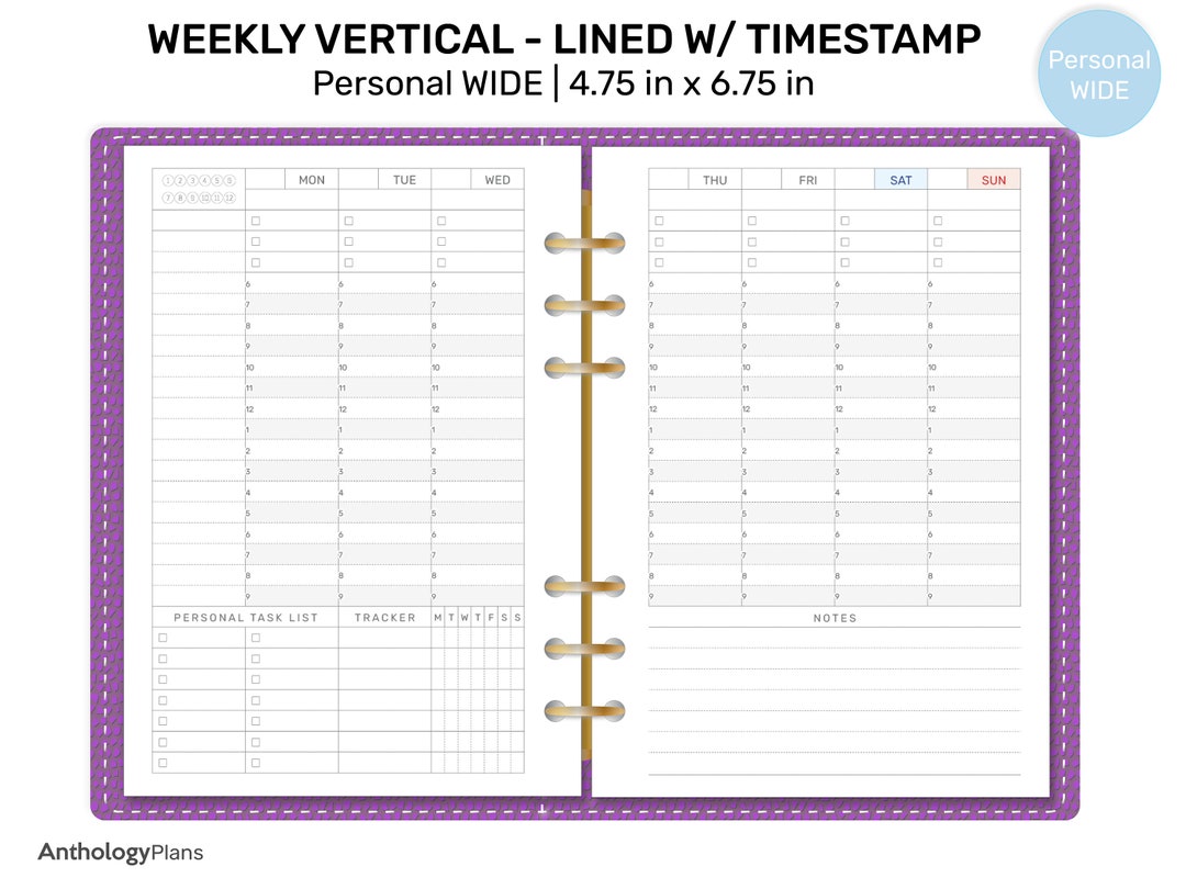 PERSONAL Wide Weekly VERTICAL Lined With Timestamp, Weekly Tracker for ...
