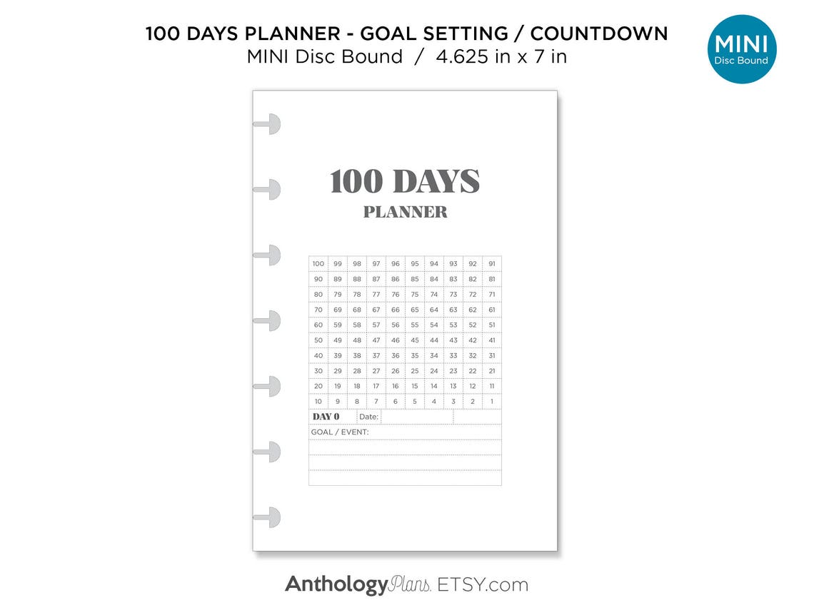 100 DAYS Planner Mini Discbound Printable Planner Goal - Etsy