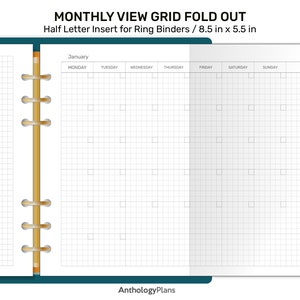 HALF Letter Monthly View FOLD OUT Ring Printable Undated Planner Grid ...