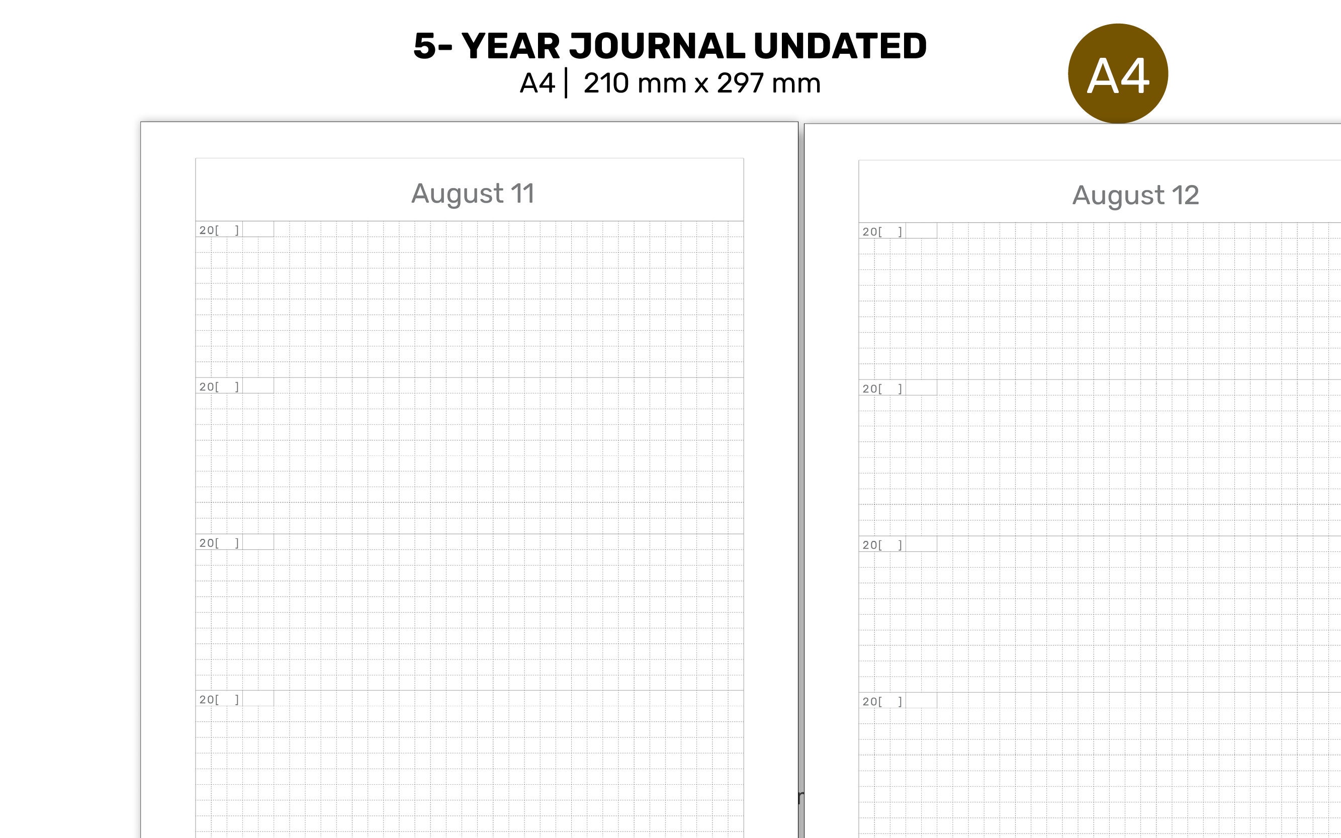 A4 5 YEAR Planner Journal Undated- GRID Format for Memory Keeping ...