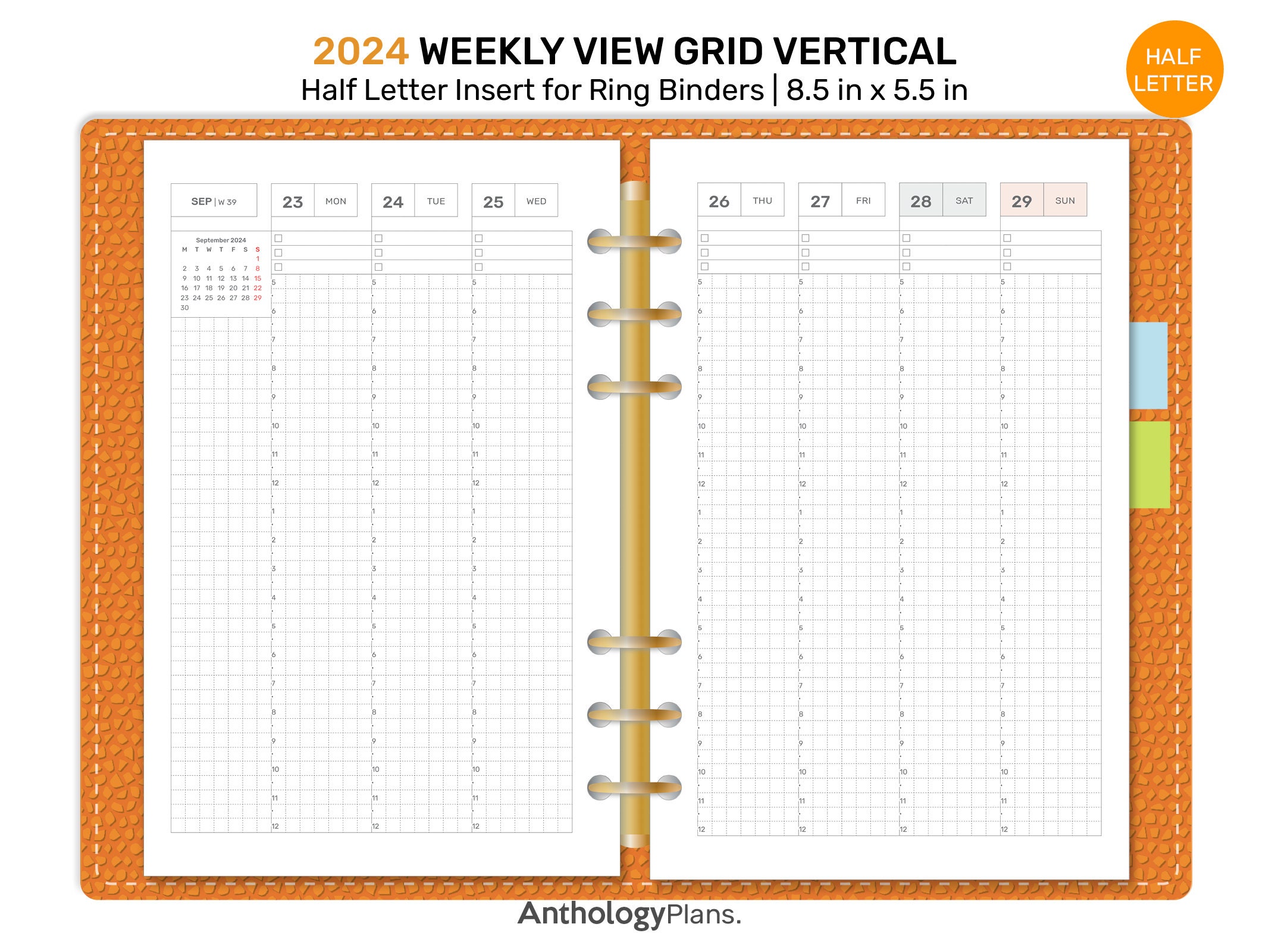 2024 WEEKLY GRID Vertical Half Letter Printable Refill Insert for Ring ...