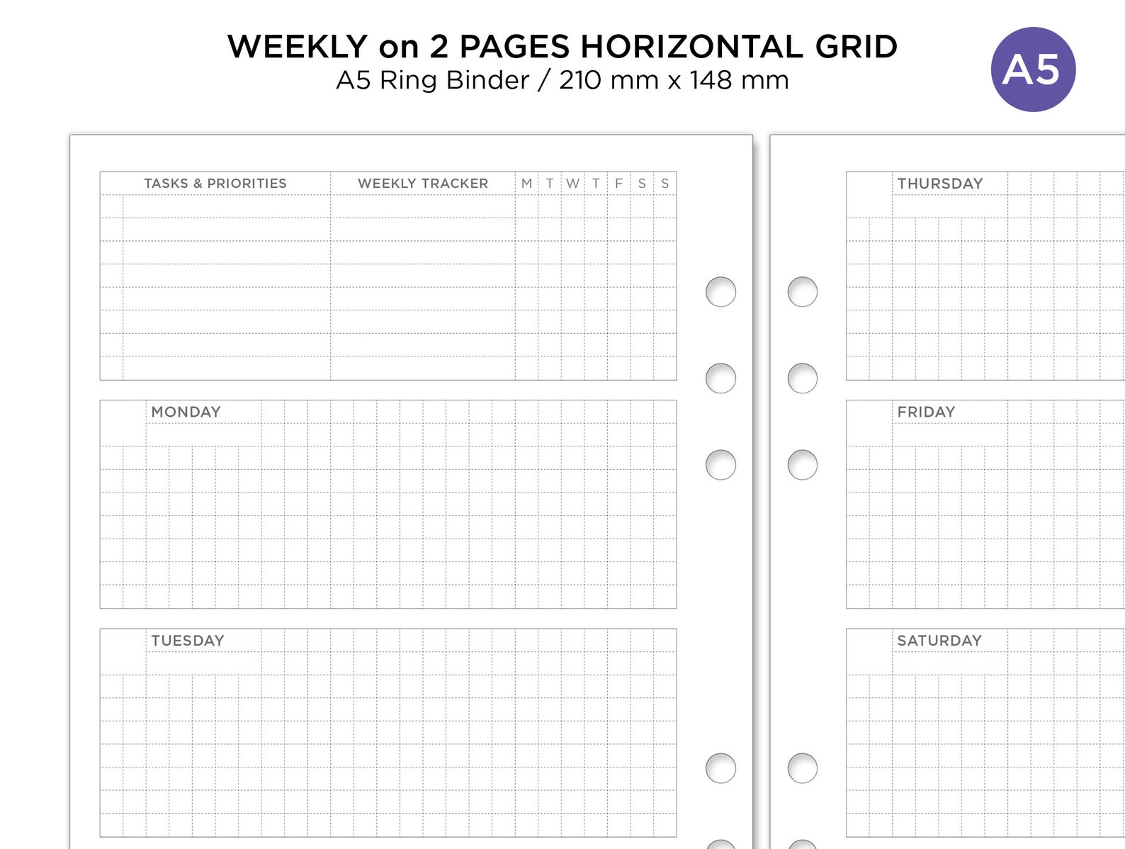 A5 Grid Week on 2 Pages, HORIZONTAL Planner Insert Refill, With Weekly ...
