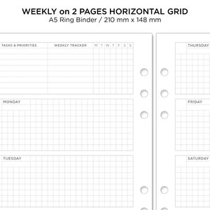 A5 Grid Week on 2 Pages, HORIZONTAL Planner Insert Refill, With Weekly ...