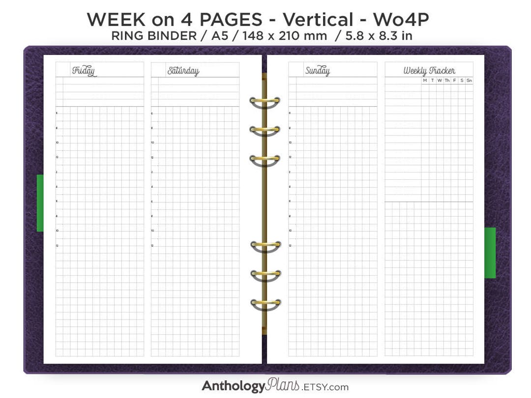 A5 Week on 4 Pages - Vertical GRID - Printable Insert Ring Binder- W ...