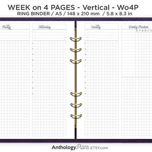 A5 Week on 4 Pages Vertical GRID Printable Insert Ring | Etsy