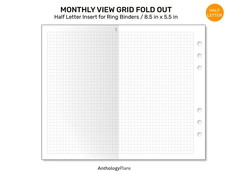 HALF Letter Monthly View FOLD OUT Ring Printable Undated Planner Grid ...