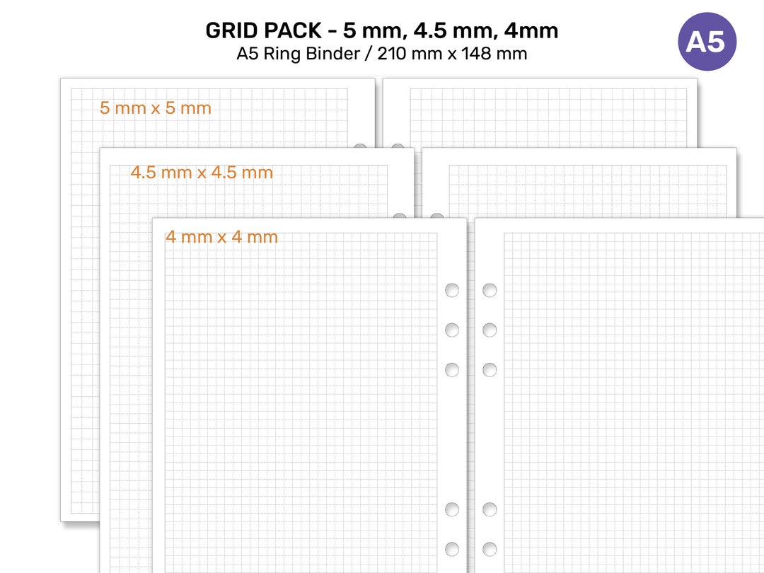 A5 Grid Pack 5 Mm, 4.5 Mm, 4 Mm Printable Insert for Ring Binders - Etsy