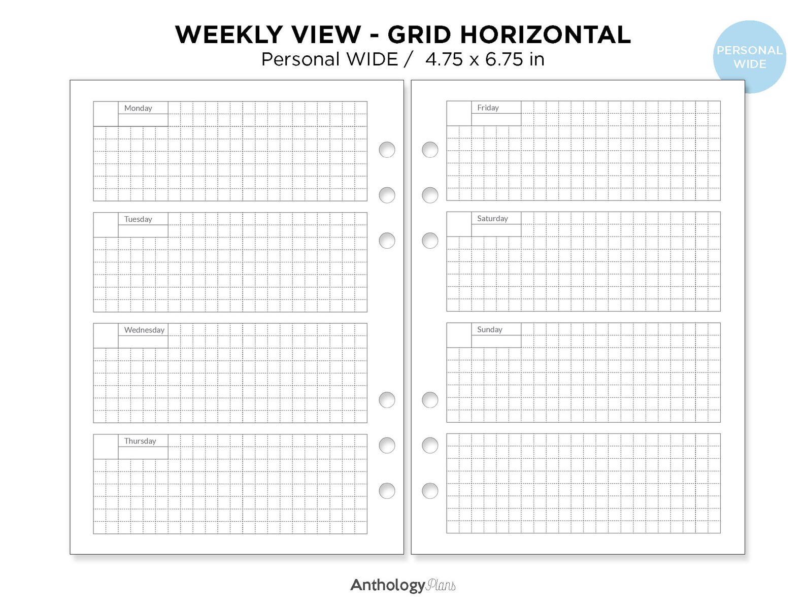PERSONAL Wide Weekly View GRID HORIZONTAL - Printable Insert for Ring ...