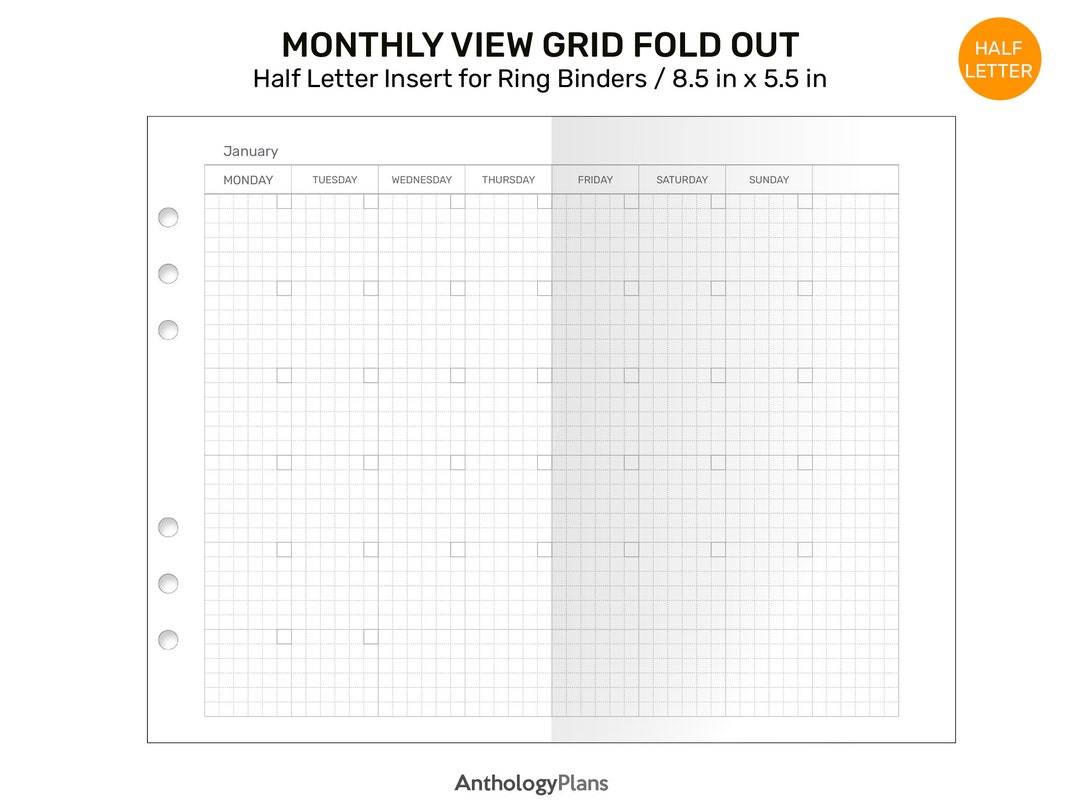 HALF Letter Monthly View FOLD OUT Ring Printable Undated Planner Grid ...
