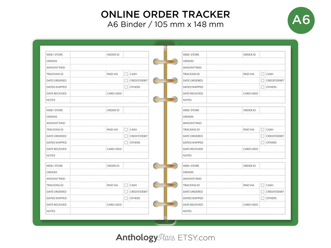 A6 Online Order Tracker - Ring Binder - Printable Refill Insert ...