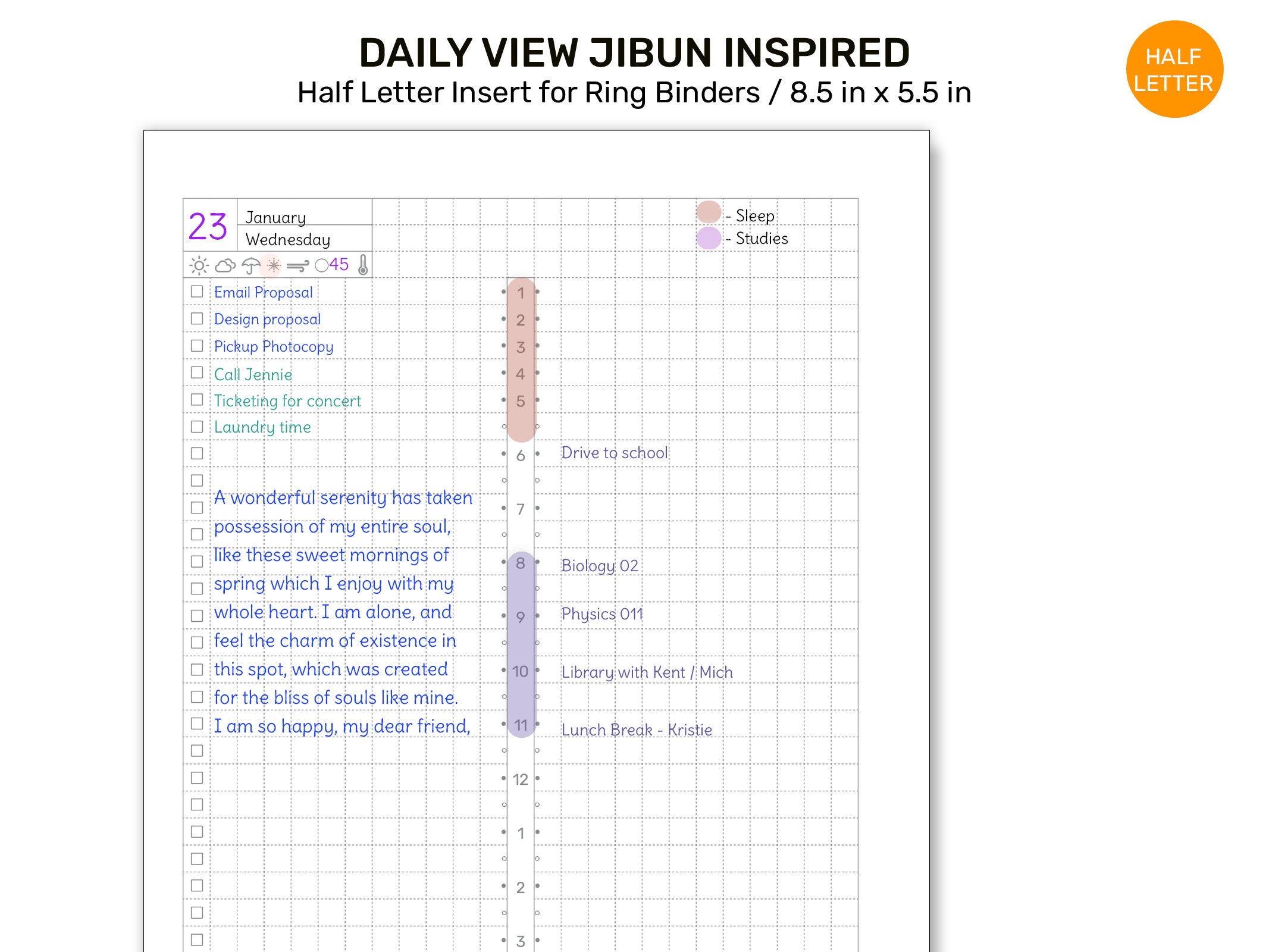 Half Letter Daily JIBUN Inspired - 24 HOUR Time Tracker Printable ...