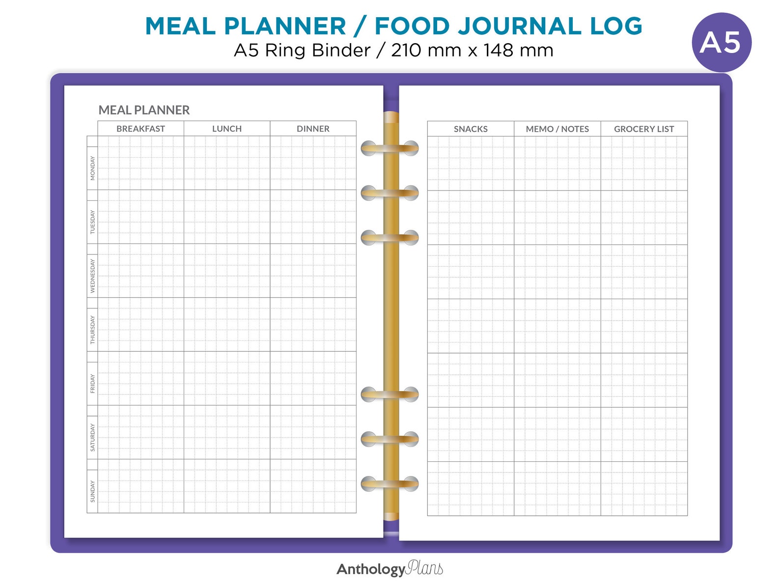 A5 Menu Planner and Food Journal Printable Planner Insert - Etsy